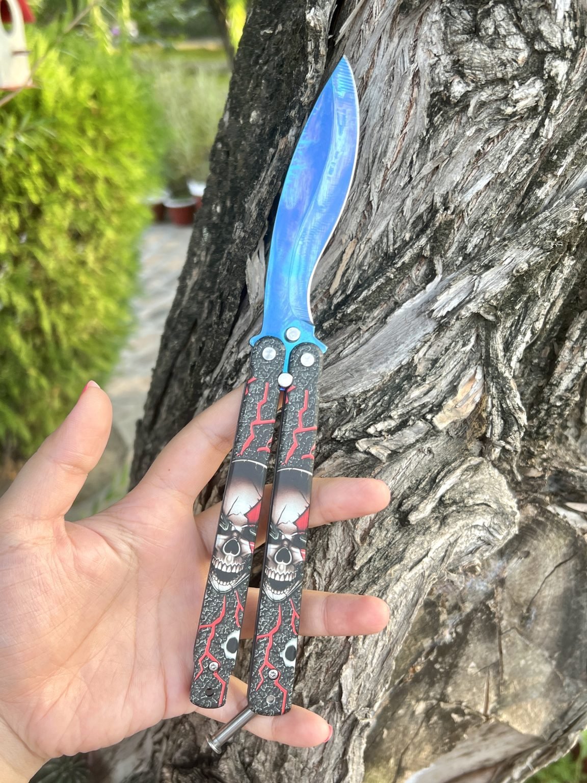 Double Skulls Blue Blade Butterfly Knife - KZ GEAR